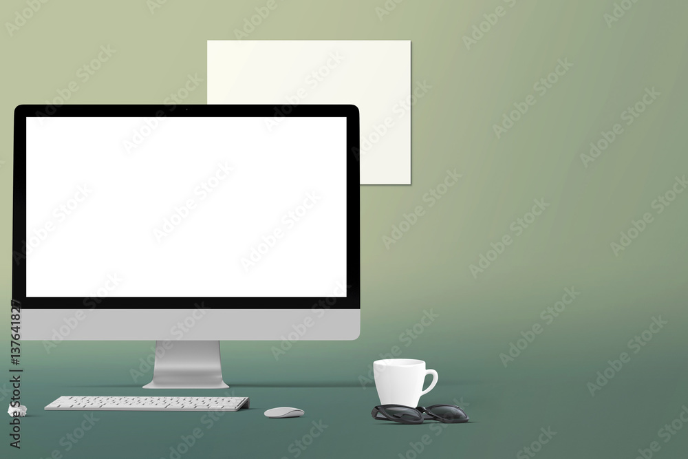 Workspace background. Hero Header. Computer screens isolated stand ...