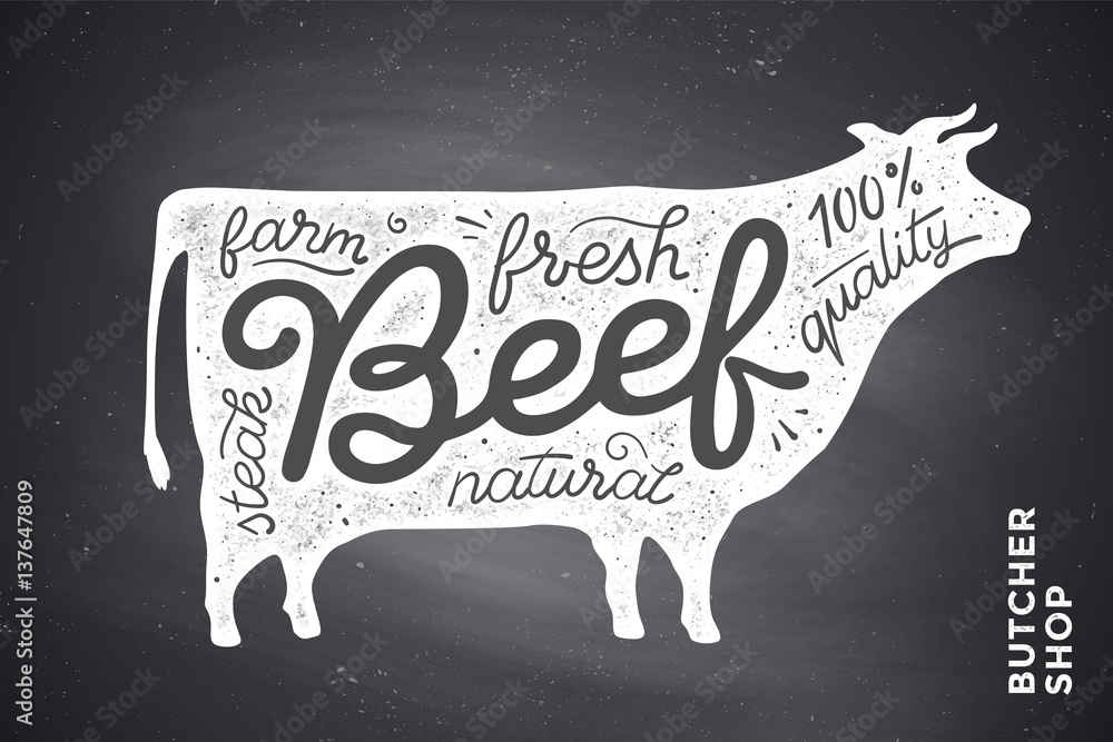 Trendy illustration with red cow silhouette and words Beef, fresh ...
