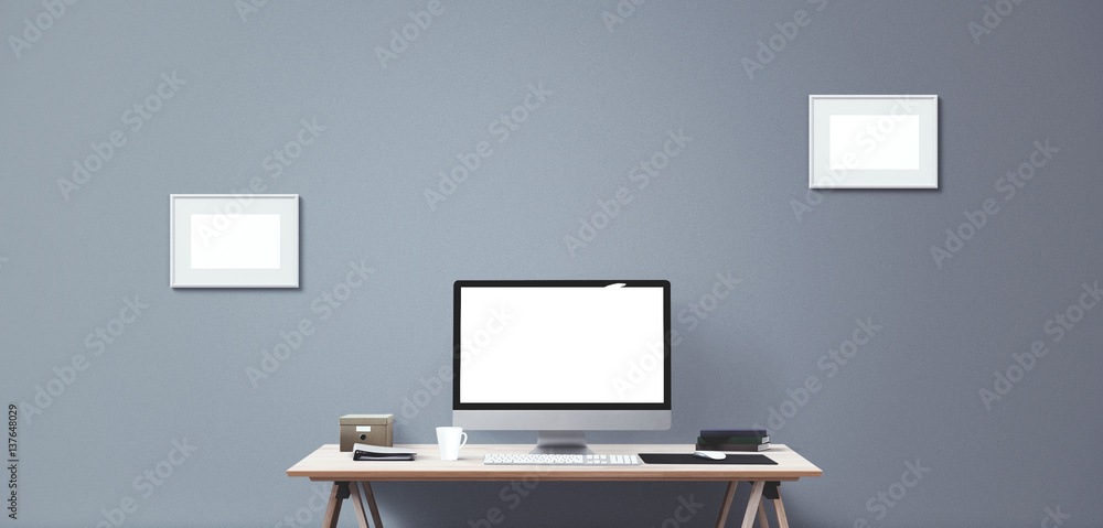 Computer display and office tools on desk. Desktop computer screen ...