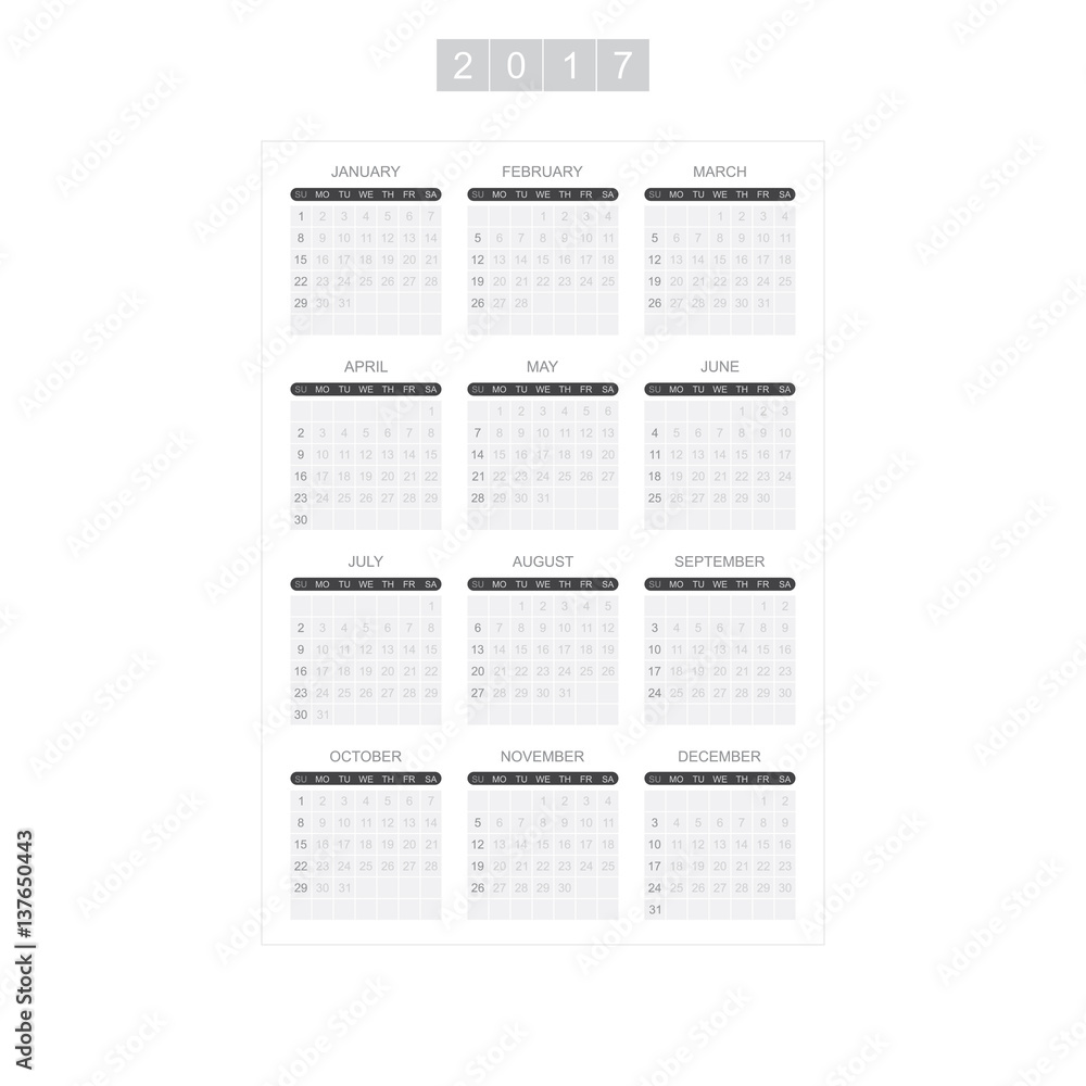 Calendar for 2017 Year. Week starts monday. Vector template for ...