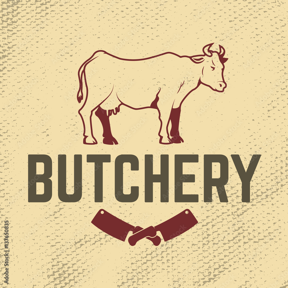 Butchery. Cow illustration on grunge background. Meat cleaver. Design ...