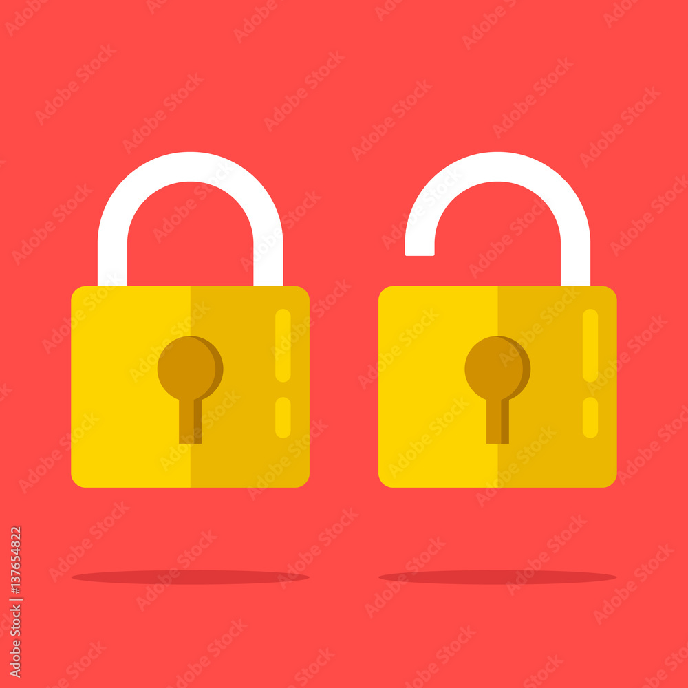 Open and closed lock icons set. Two yellow padlocks. Closed and open ...