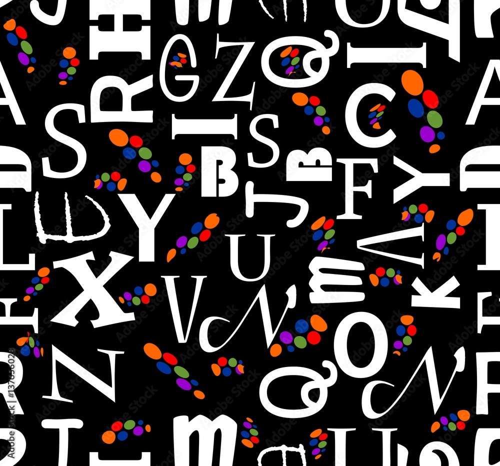 Seamless vector background with letters. White characters on black ...