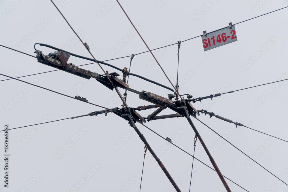 Trolleybus wires intersection - electric bus horns / sticks Stock Photo ...