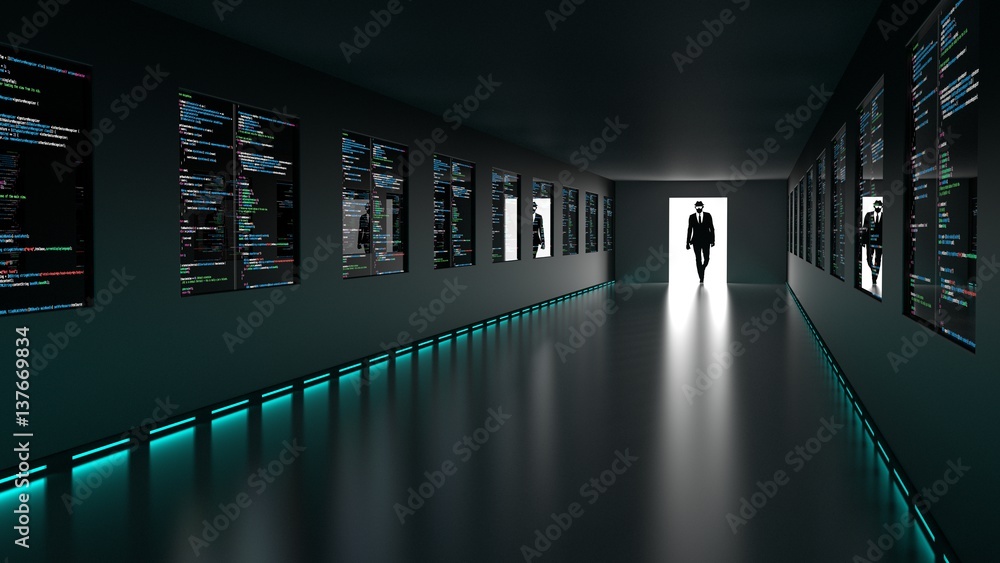 Photo & Art Print Hacker enters backdoor to server room with computercode screens, beebright