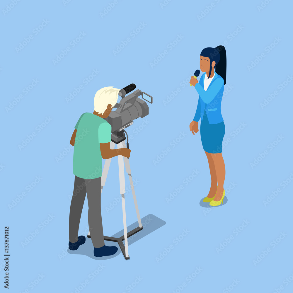 Isometric Mass Media Concept with Reporter and Video Operator. Vector ...