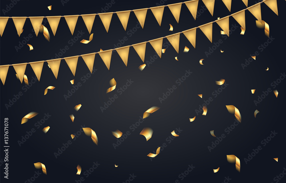 Vector illustration of celebration party background, gold flags garland ...