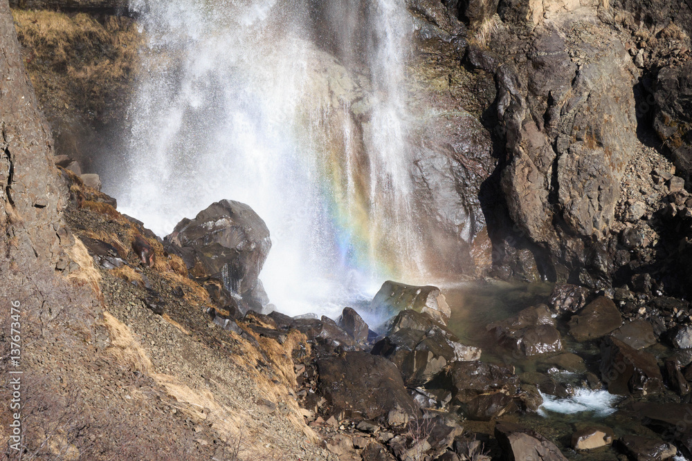 Hundafoss and Þjofafoss waterfalls with rainbow, the attraction in ...