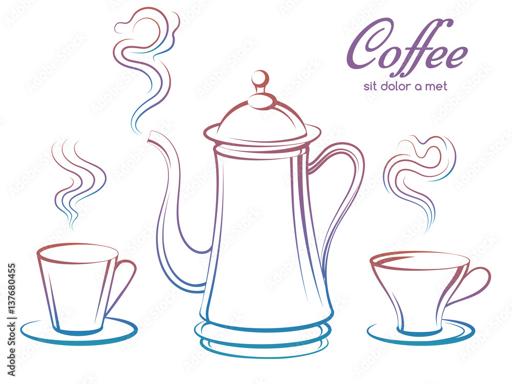 Colorful coffee pot and cups with smoke collection isolated on white ...
