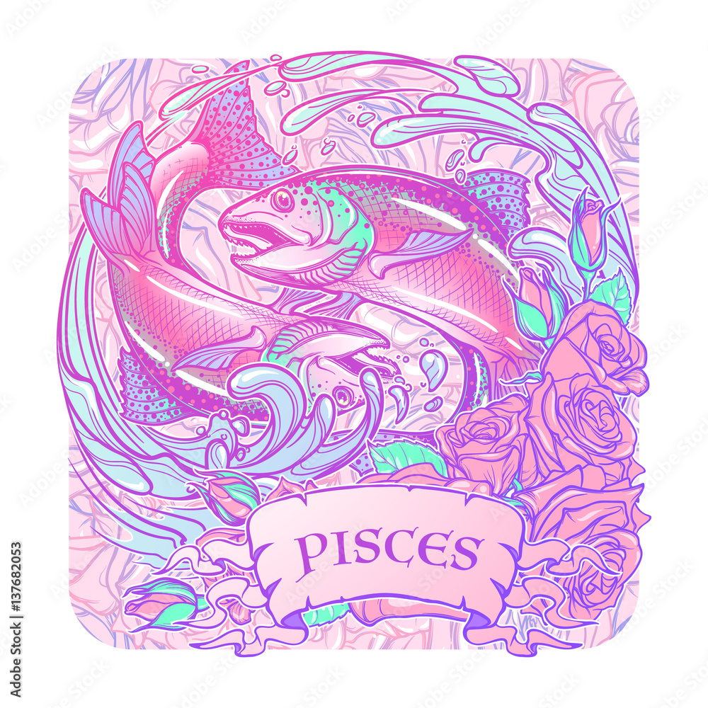 Zodiac sign - Pisces. Two fishes jumping from the water. Circle ...