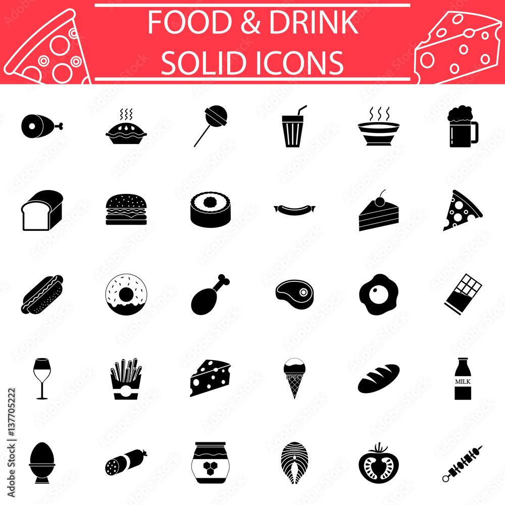 Food and drink solid pictograms package, Sweets symbols collection ...