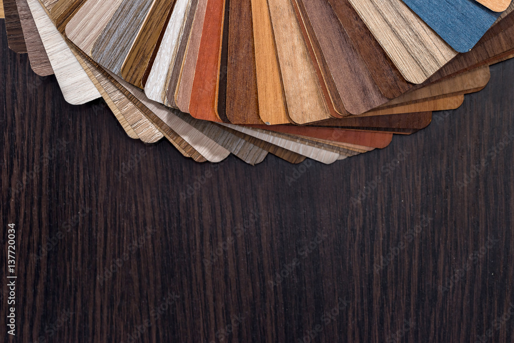 Samples of color palette for furniture on wooden desk. Stock Photo ...