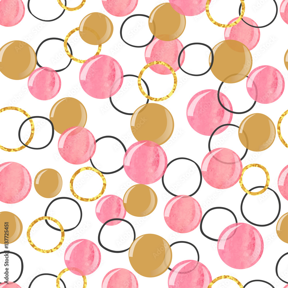 Seamless watercolor pink and golden bubbles pattern. Vector celebration ...