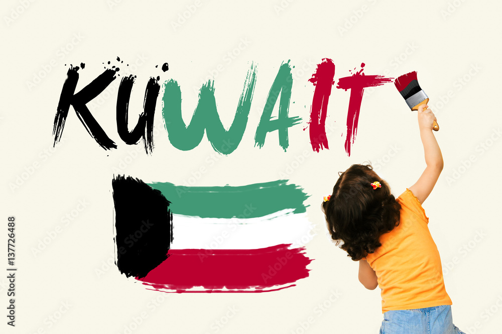 Cute little girl writing KUWAIT and drawing Kuwait Flag using painting ...