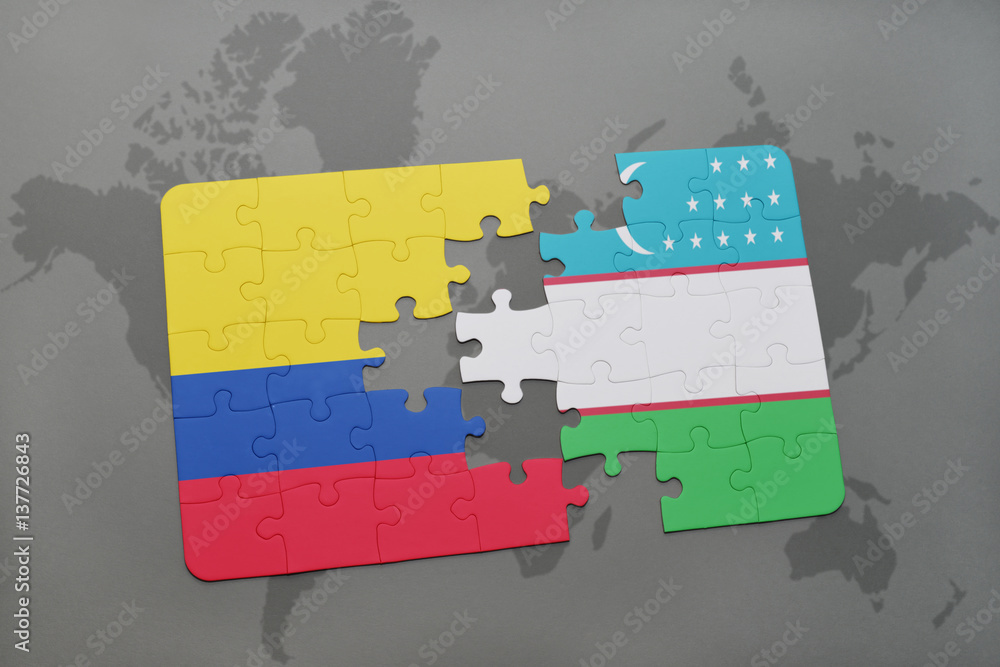 puzzle with the national flag of colombia and uzbekistan on a world map ...