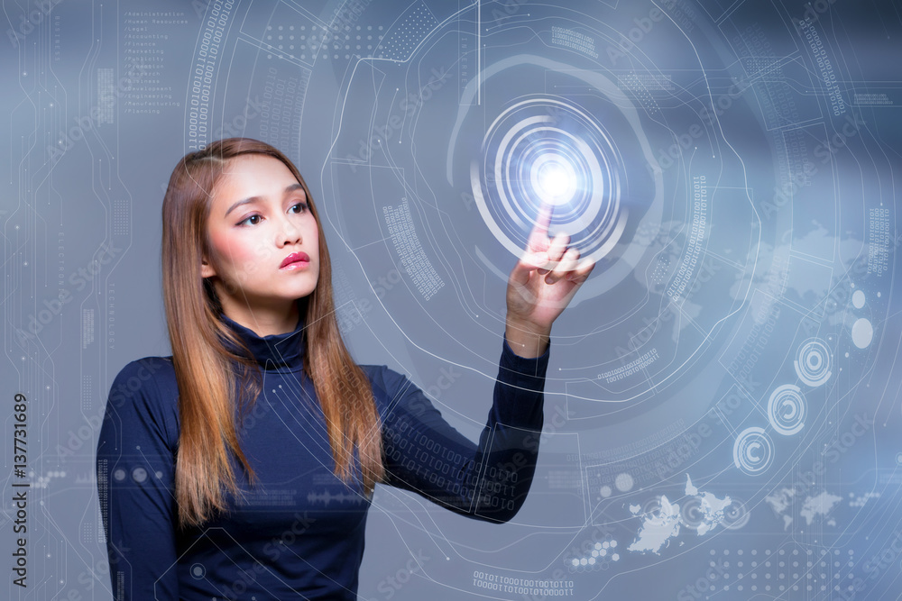 young woman pointing futuristic GUI, graphical user interface, heads up ...