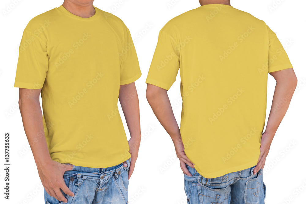 Man wearing soft yellow color t-shirt with clipping path, front and ...