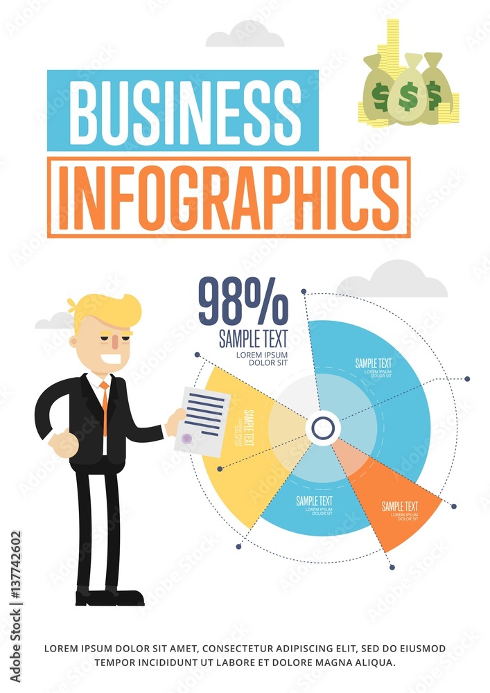 Business infographics banner with pie chart and businessman vector ...