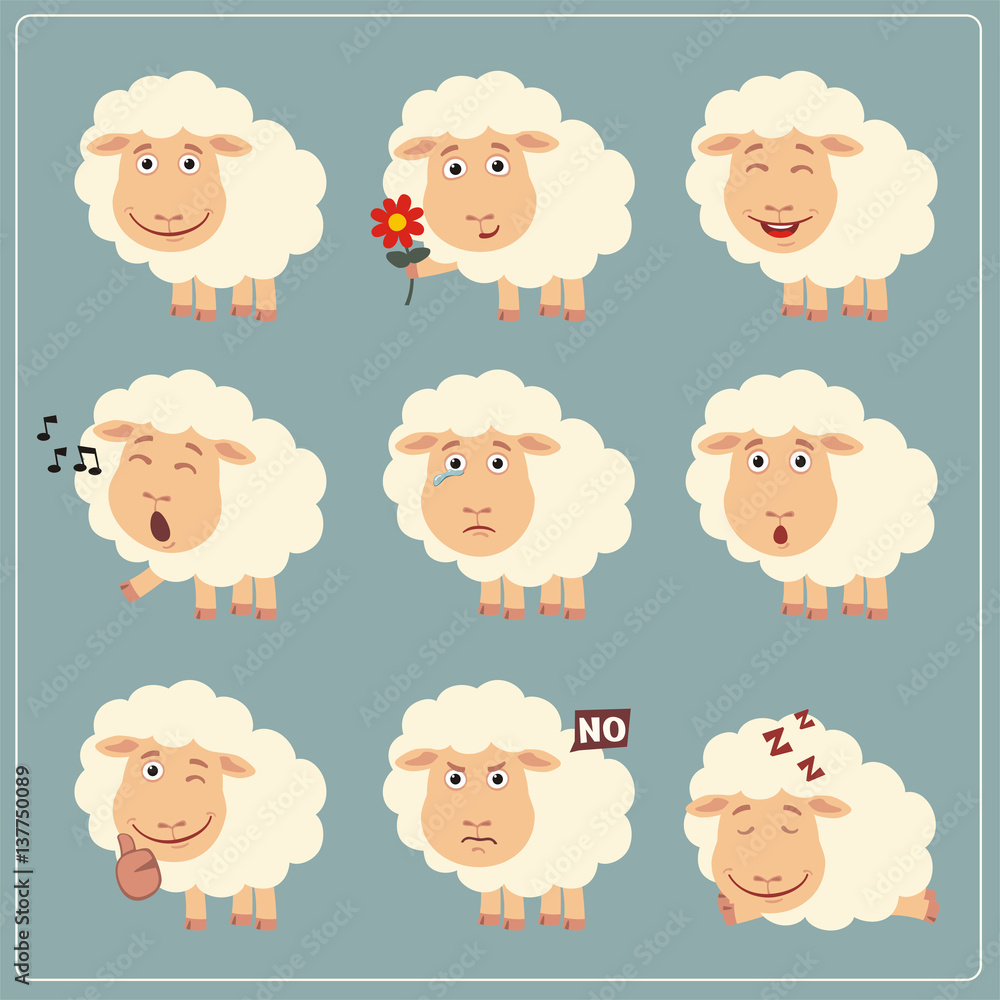 Funny little sheep set in different poses. Collection isolated sheep in ...