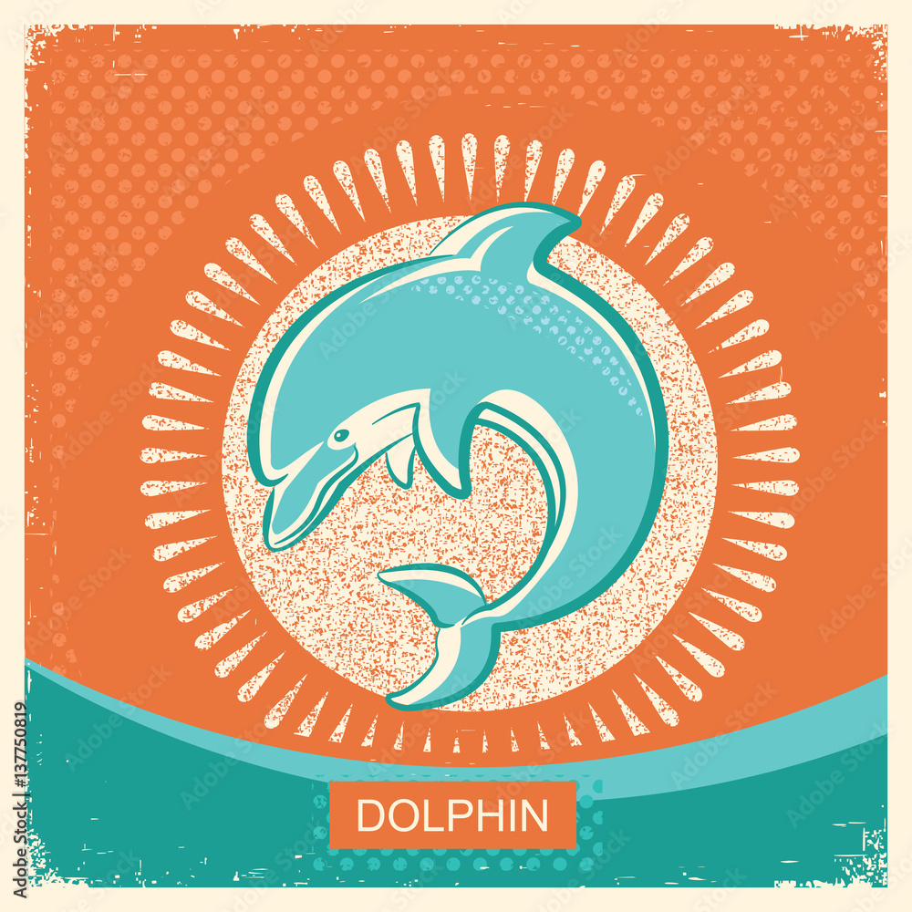 Dolphin symbol retro poster with blue sea wave on old paper background ...