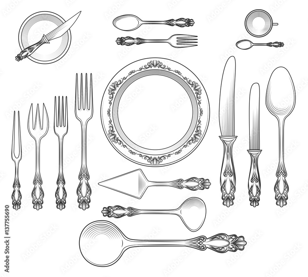 Hand drawn top view empty table dish with plate and spoon, knife and ...