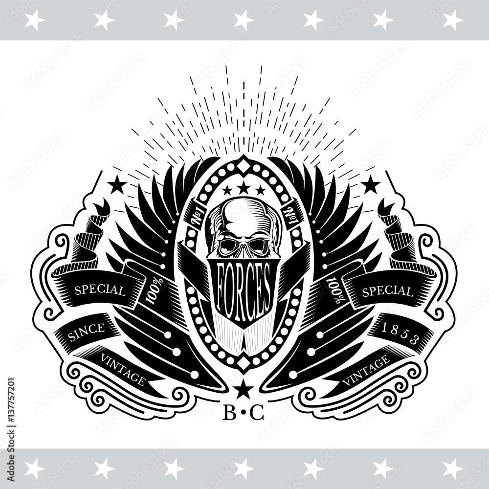 Skull front view with bandana on face between wings and ribbons ...