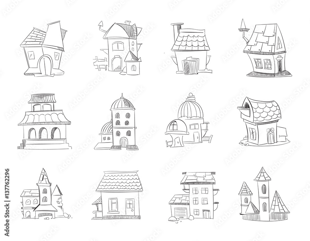 Hand drawn cartoon different houses, buildings. Line sketch, doodle ...