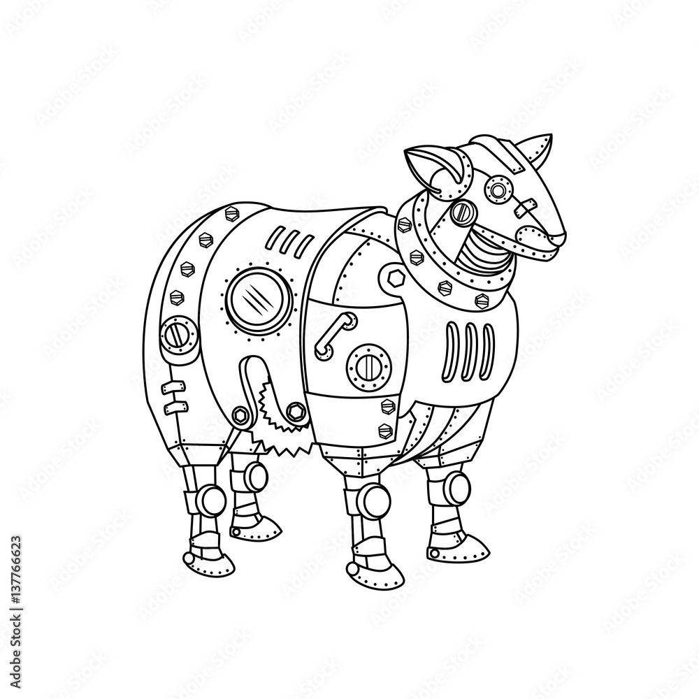 Steam punk sheep. Mechanical animal. Freehand sketch for adult anti ...