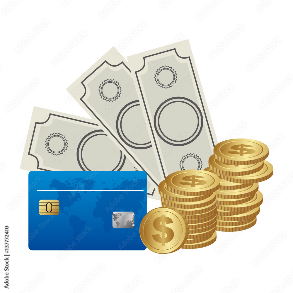 color background with money bills and coins and credit card vector ...