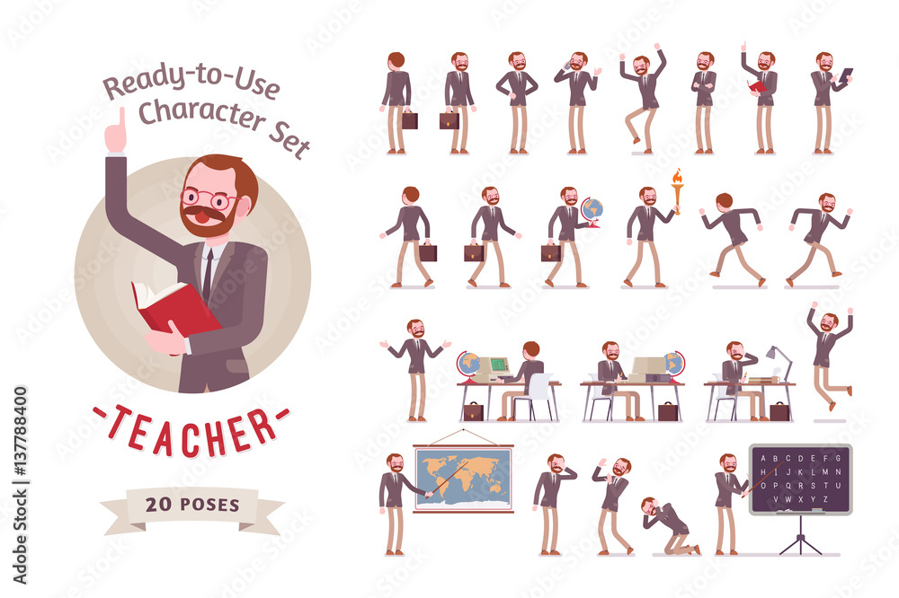 Ready-to-use male teacher character set, different poses and emotions ...