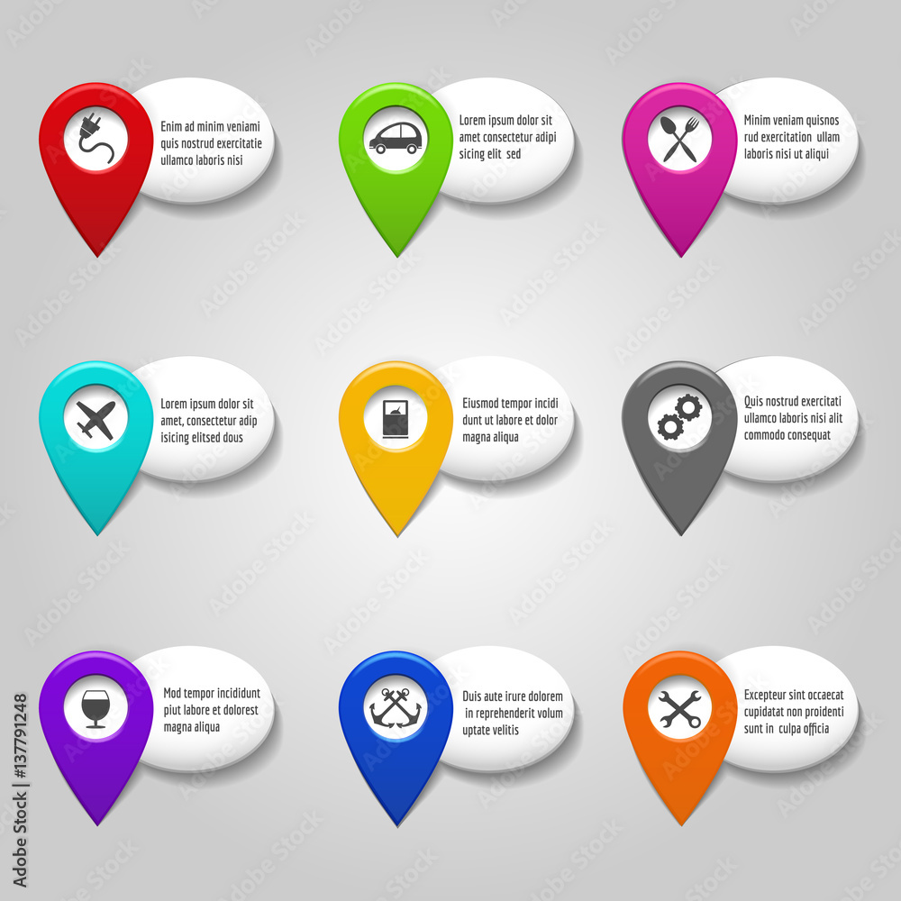 Vector map service pointer set with plane and car, petrol station ...