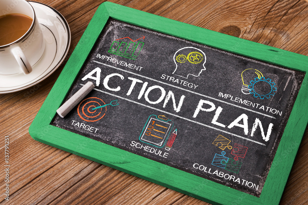 Action Plan chart with keywords and elements on small blackboard Stock ...