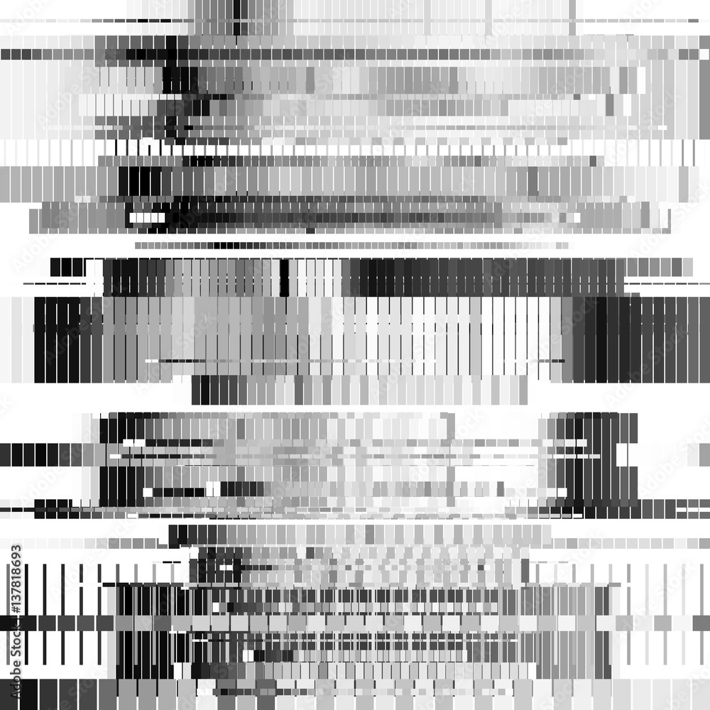 Glitch abstract background with distortion effect, bug, error, random horizontal black and white ...