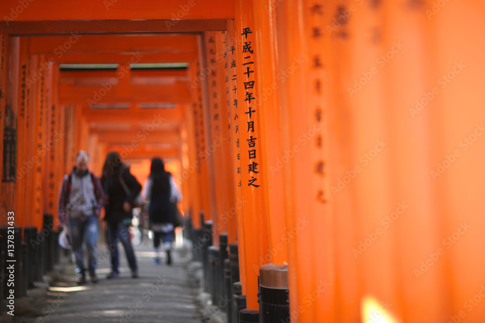Red torii gate at Fushimi Inari in Kyoto, Japan. At the gates of ...