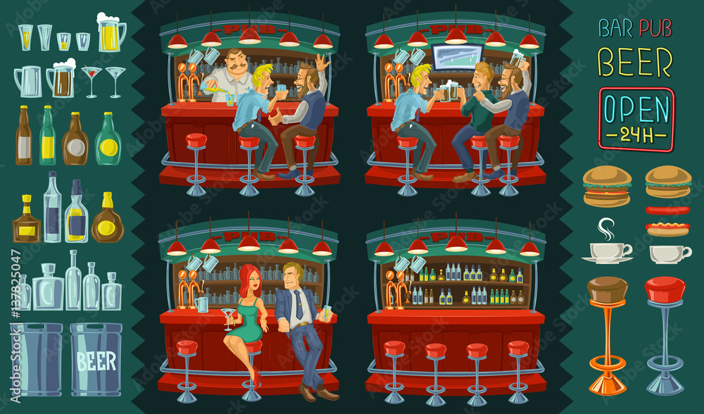 Cartoon illustration of icons for bar interior Stock Vector | Adobe Stock