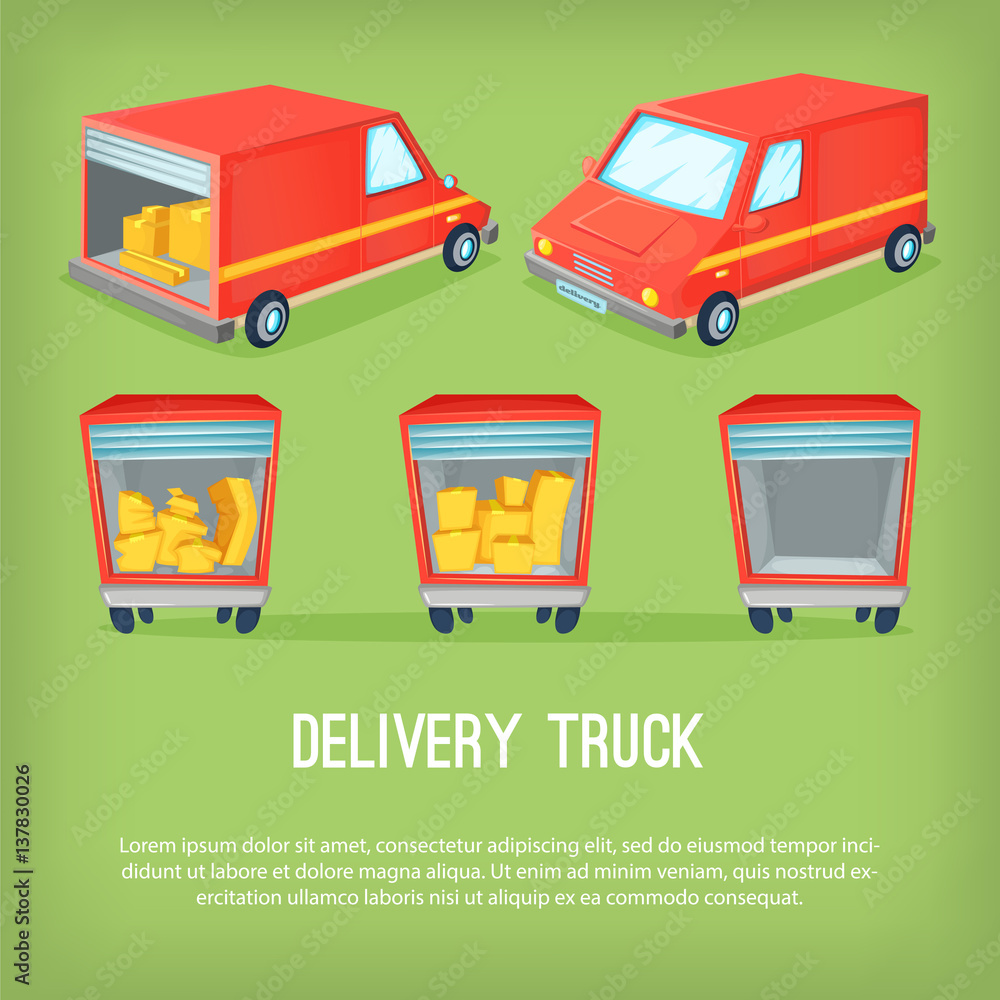 Cartoon delivery van vector illustration. Different perspectives of ...