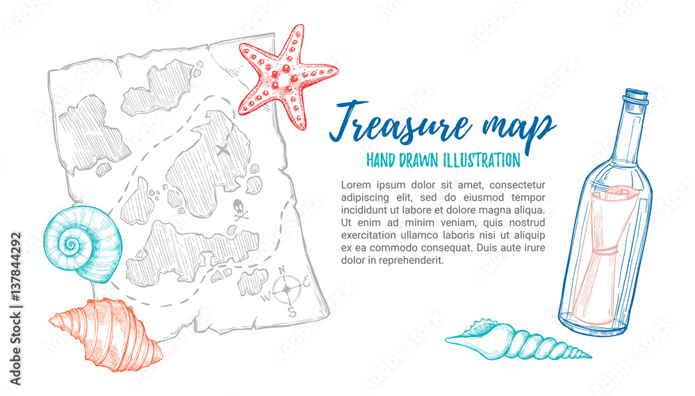Hand drawn vector illustration - treasure map with sea shells, starfish ...