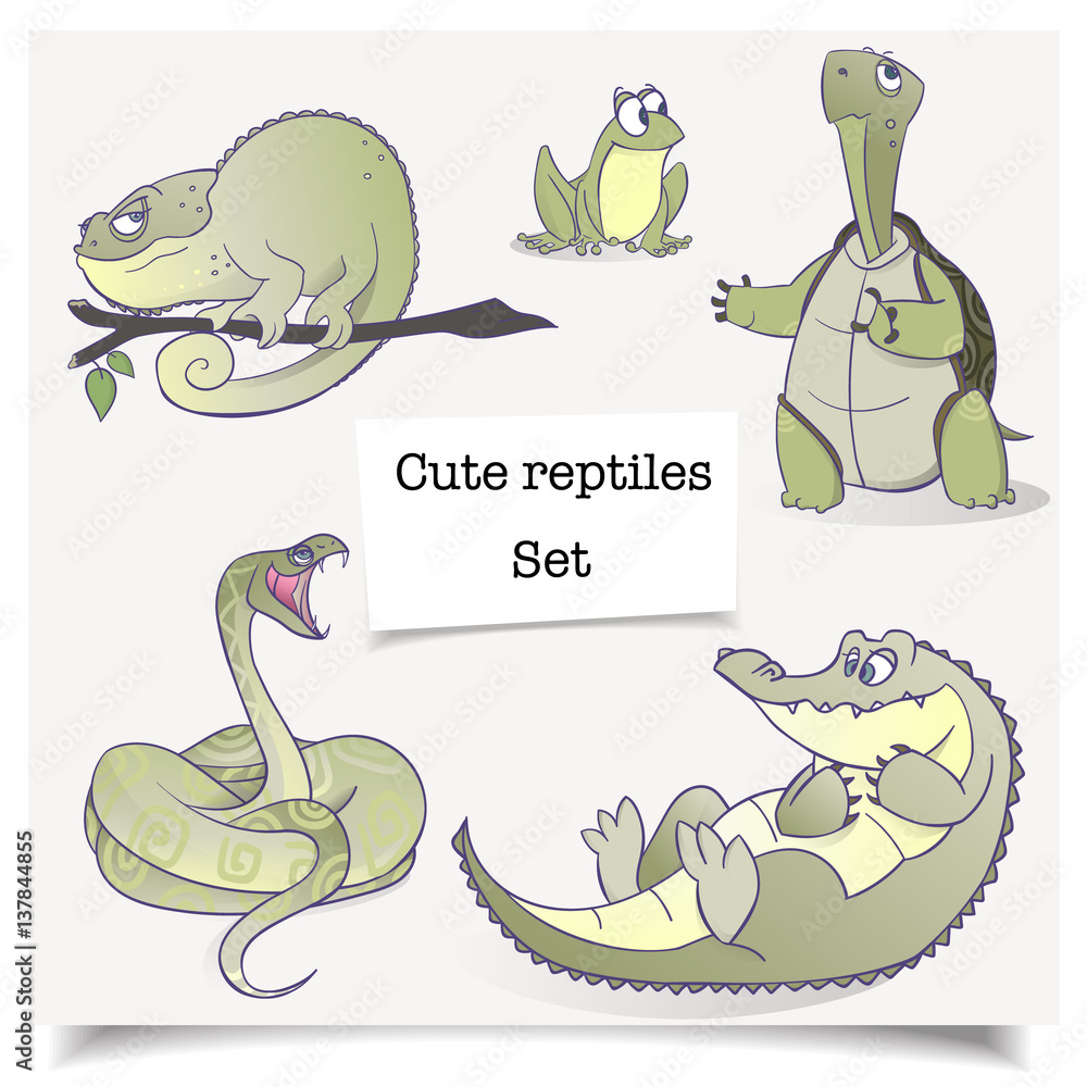 Vector illustration. Hand-drawn animals. Set of cartoon reptiles ...