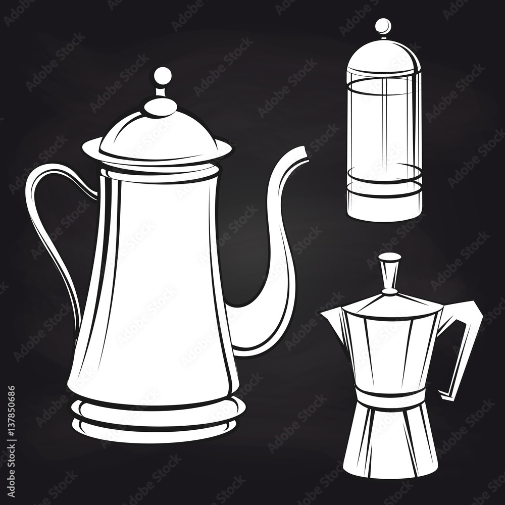 Coffee pot stickers on blackboard background. Vector illustration Stock ...