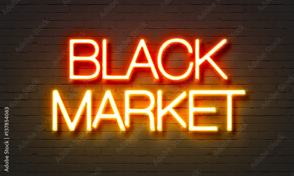 Black market neon sign on brick wall background. Stock Illustration ...