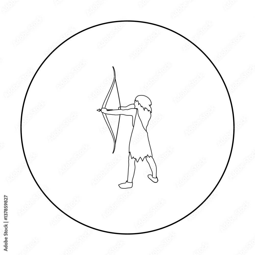 Caveman with bow and arrow icon in outline style isolated on white ...