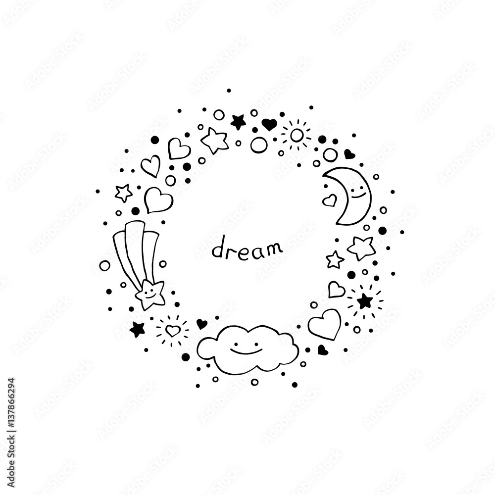 Black and white abstract background in hand-drawn style. Round frame ...