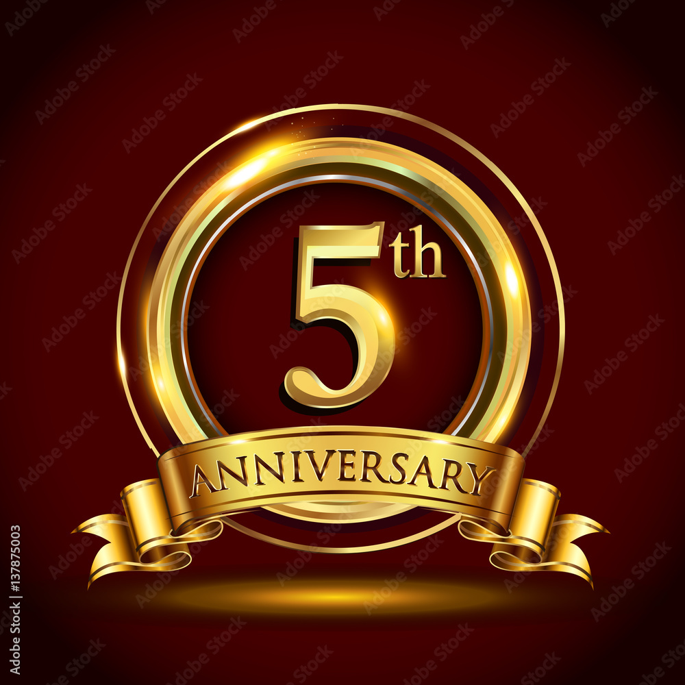 5th golden anniversary logo, five years birthday celebration with gold ...