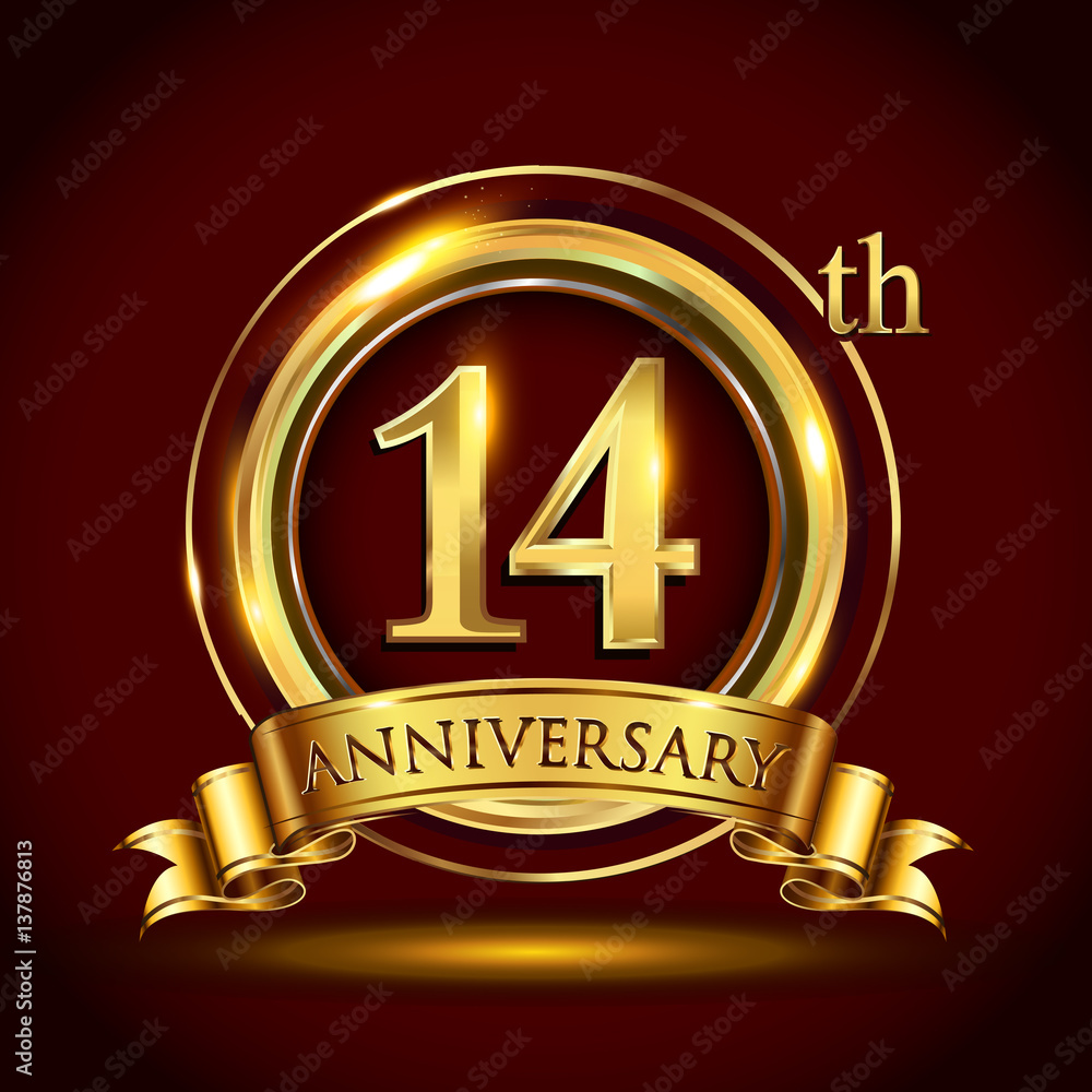 14th golden anniversary logo with gold ring and golden ribbon, vector ...