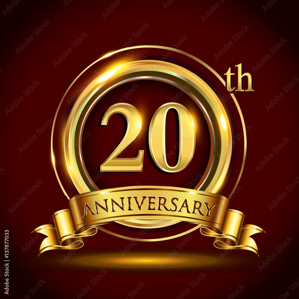 20th golden anniversary logo with gold ring and golden ribbon, vector ...