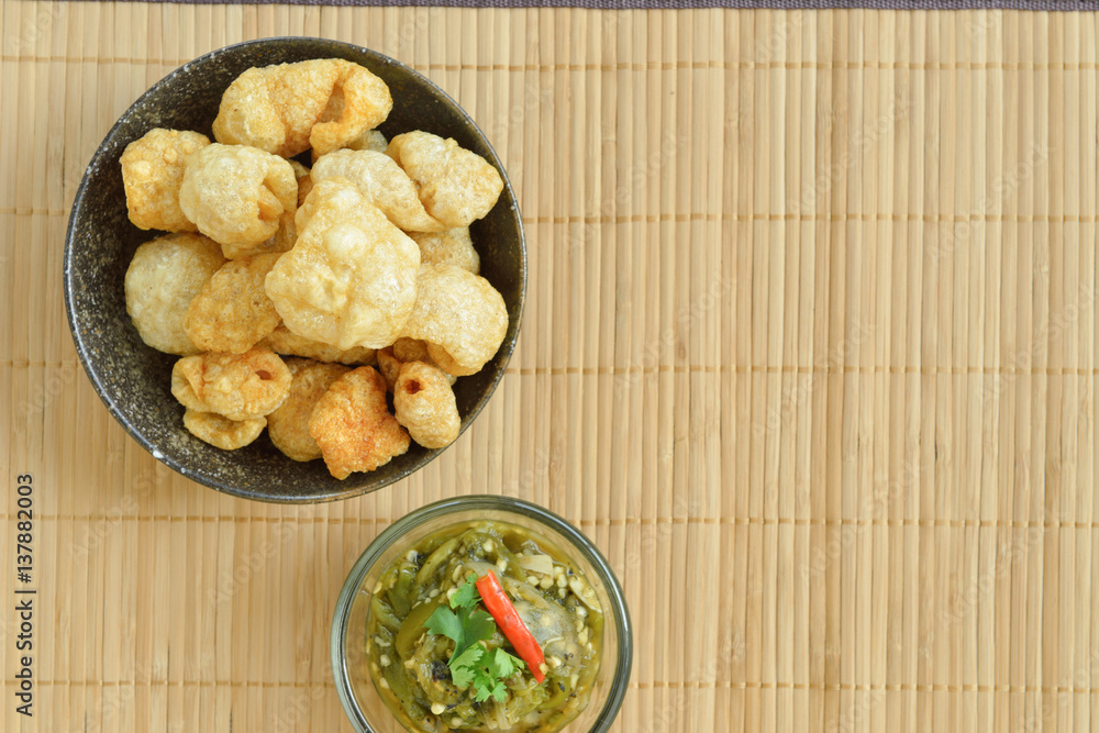 Pork rinds also known as chicharon or chicharrones, deep fried pork ...