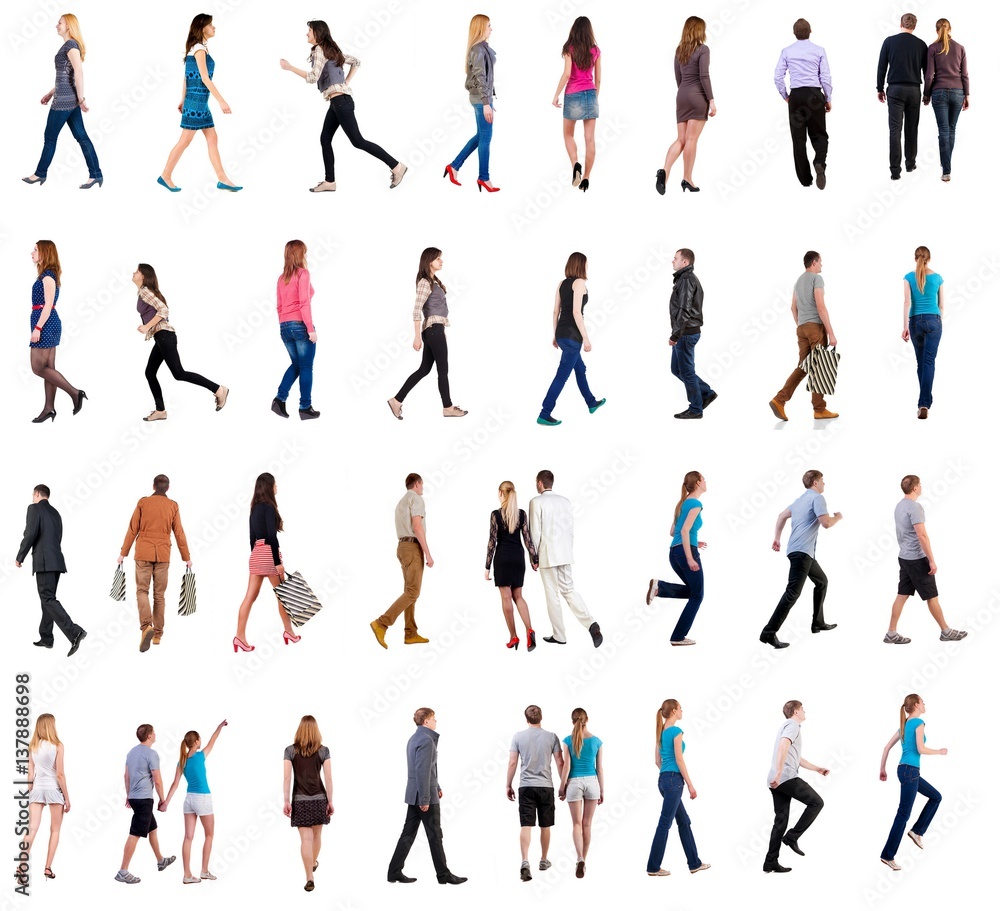 collection back view of walking people . going people in motion set ...