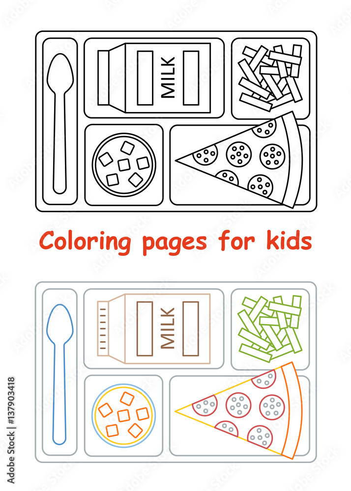 Coloring pages for kids. Lunch tray. Line style. Vector illustration ...