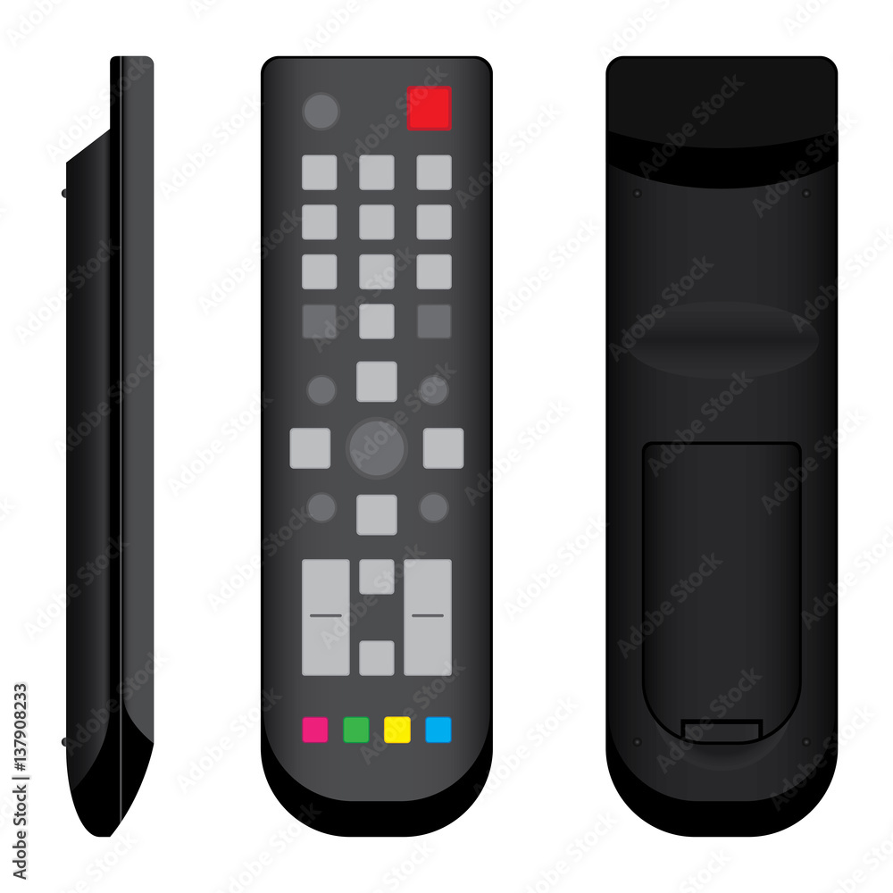 TV Remote Control Black Front, Side and Back View isolated on white ...