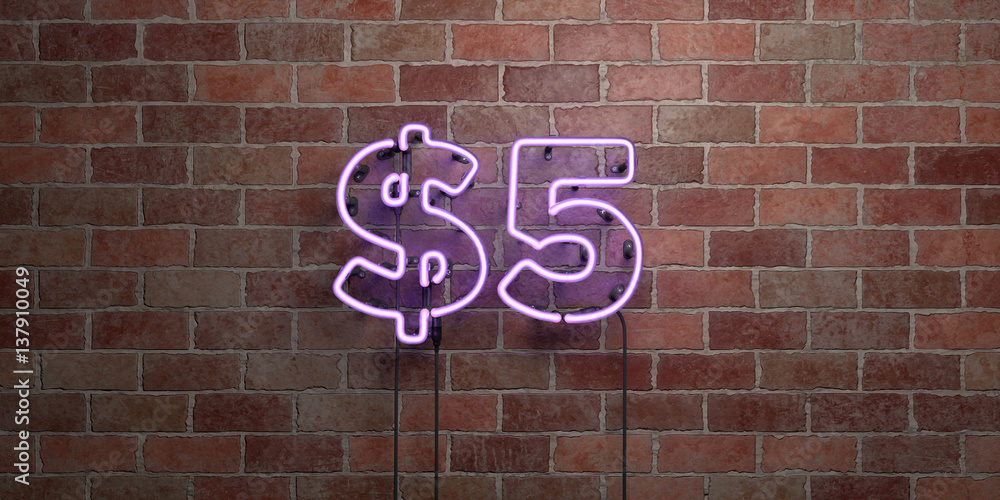 $5 - fluorescent Neon tube Sign on brickwork - Front view - 3D rendered ...